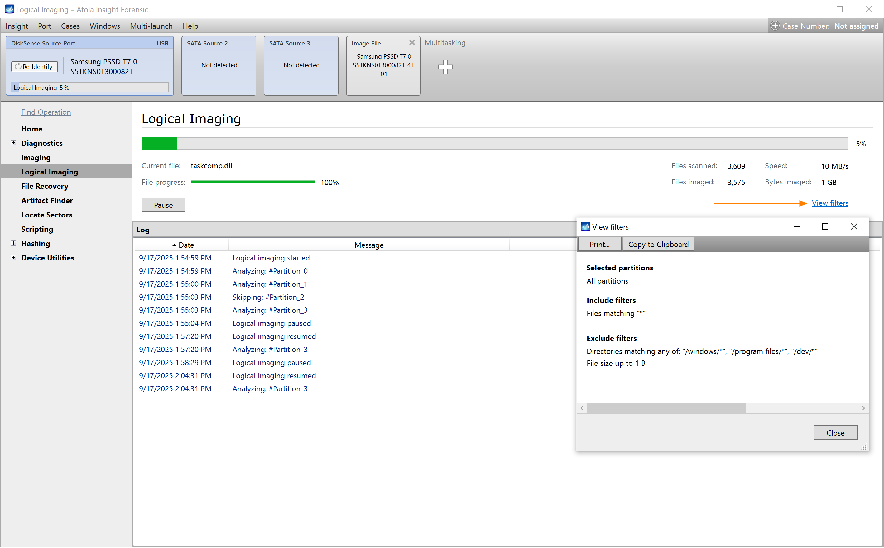 Logical imaging in Atola Insight Forensic with DiskSense 2 unit